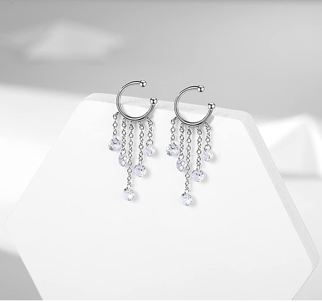 SLUYNZ 925 Sterling Silver Cuff Earrings Droplet Tassel Chain for Women No Piercing Cartilage Earrings Wrap (A-Silver)