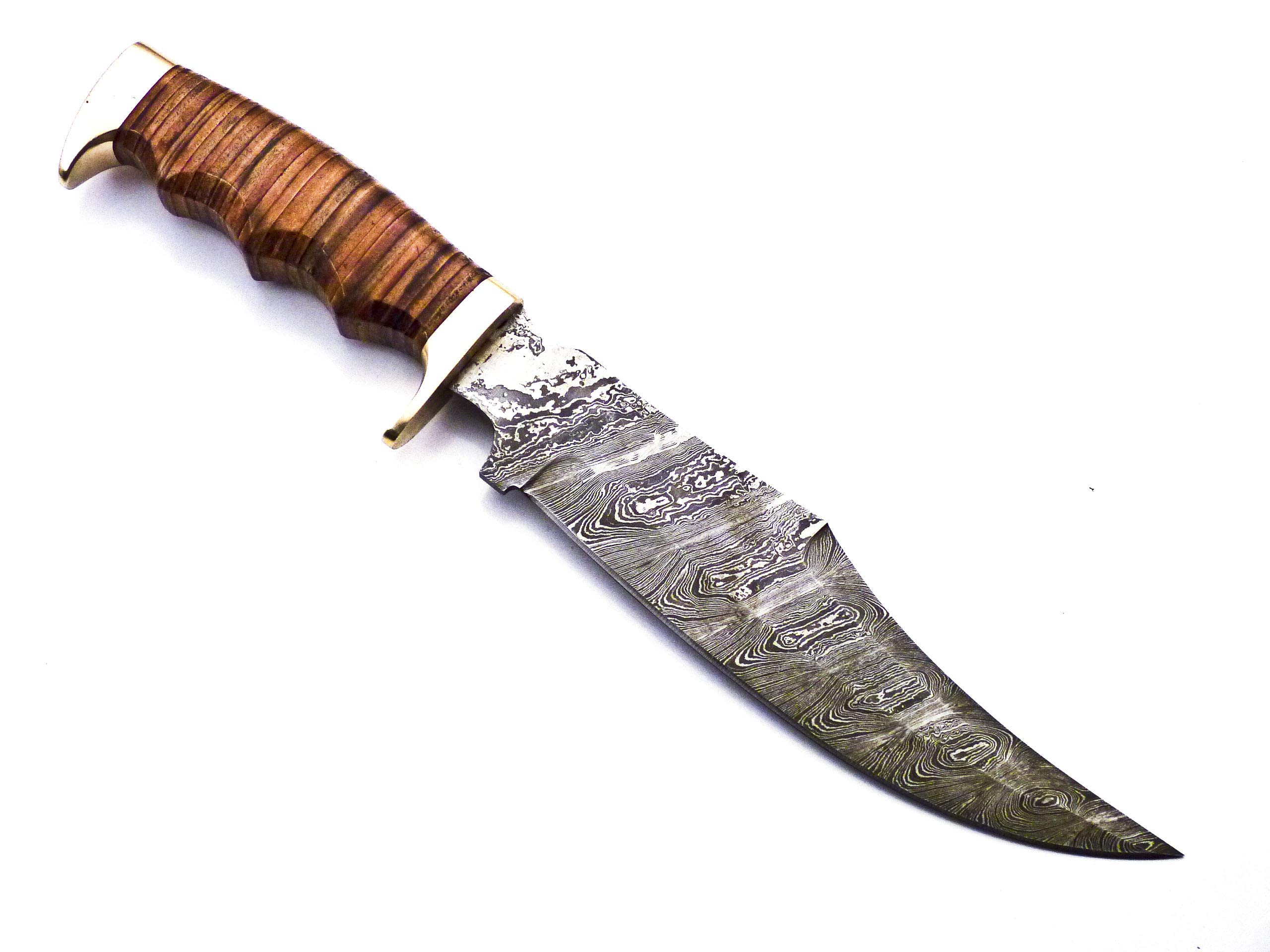 Skokie Knives Custom Hand Made Damascus Steel Hunting Knife Handle Leather Stacked with Brass Spacer (Stacked)