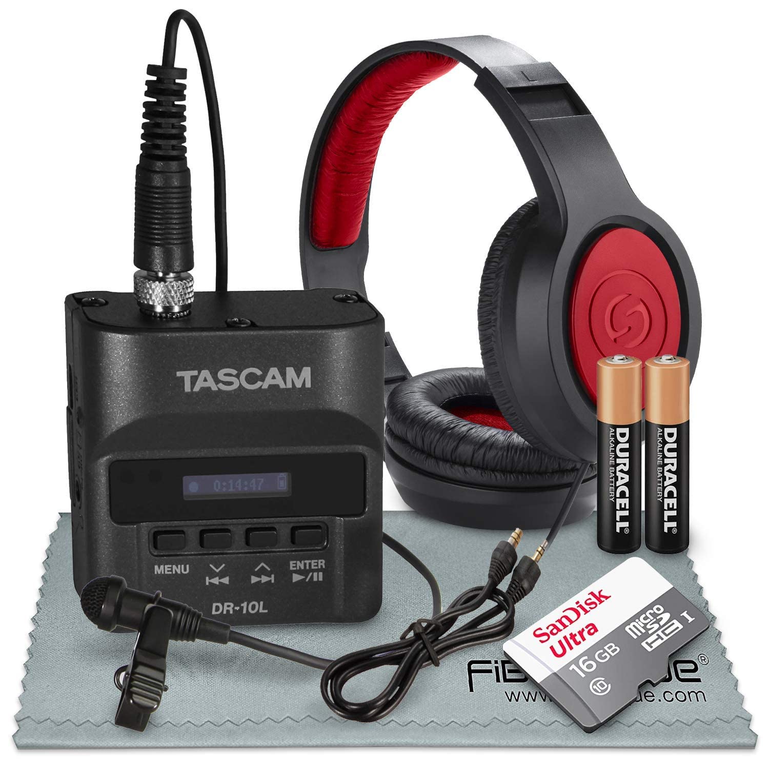 Tascam DR-10L Digital Audio Recorder Lavalier Mic Bundle Headphones + 32 GB + Batteries + FiberTique Cleaning Cloth
