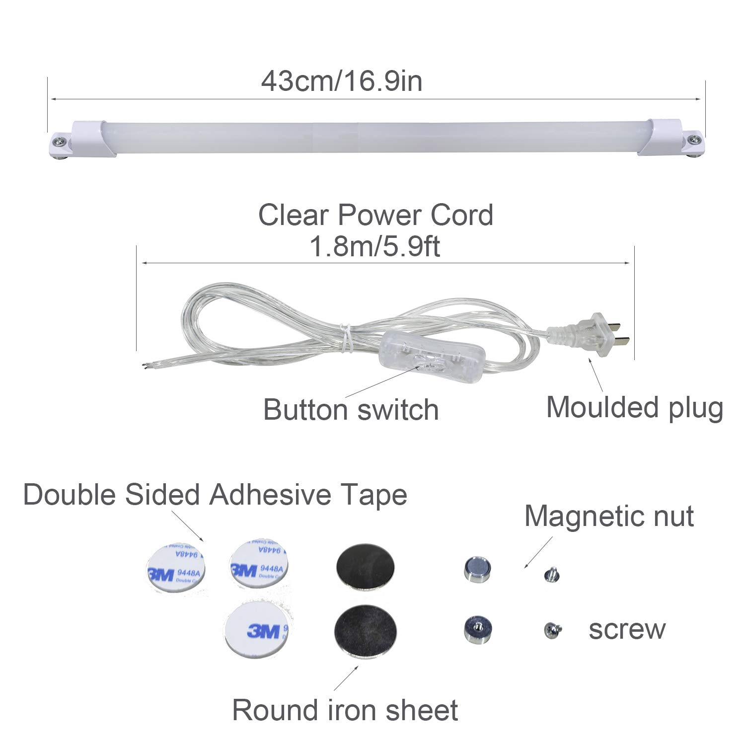 STBTECH 110V LED Under Cabinet Lighting,17inch LED Strip Light Bar with 6ft Power Cord,Magnetic Installation,Super Slim Counter Light,Reading Desk Lamp for Kitchen/Work Table.(White 6000K)
