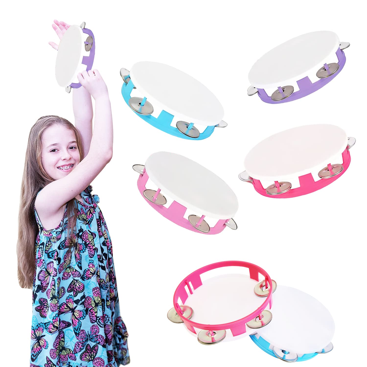 The Dreidel Company Tambourines for Kids Hand Held, 5.5" Inch, Assorted Colors, Ring Metal Jingles Percussion Musical Educational Hand Instrument, Party Kids Games (3-Pack)