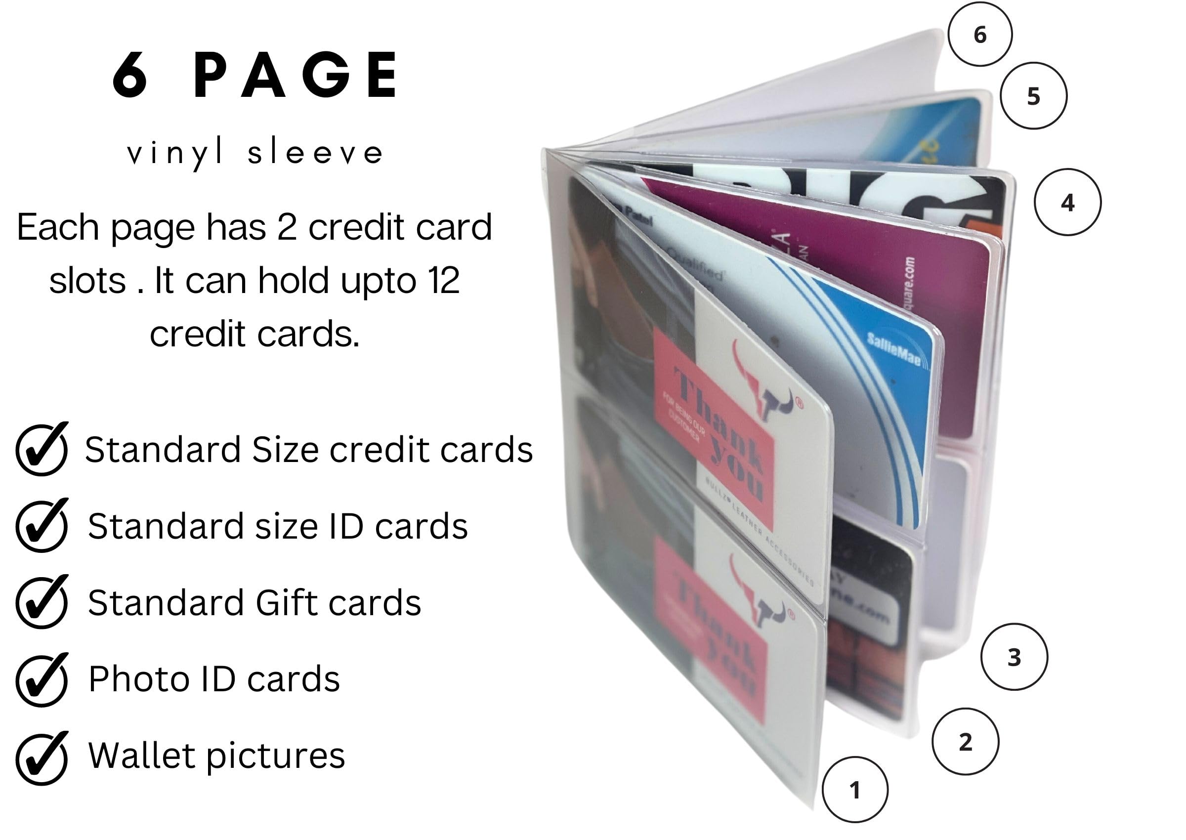 Set of 2 Heavy Duty Vinyl 6 Pages Hipster Wallet Inserts for Mens Wallets MADE IN USA