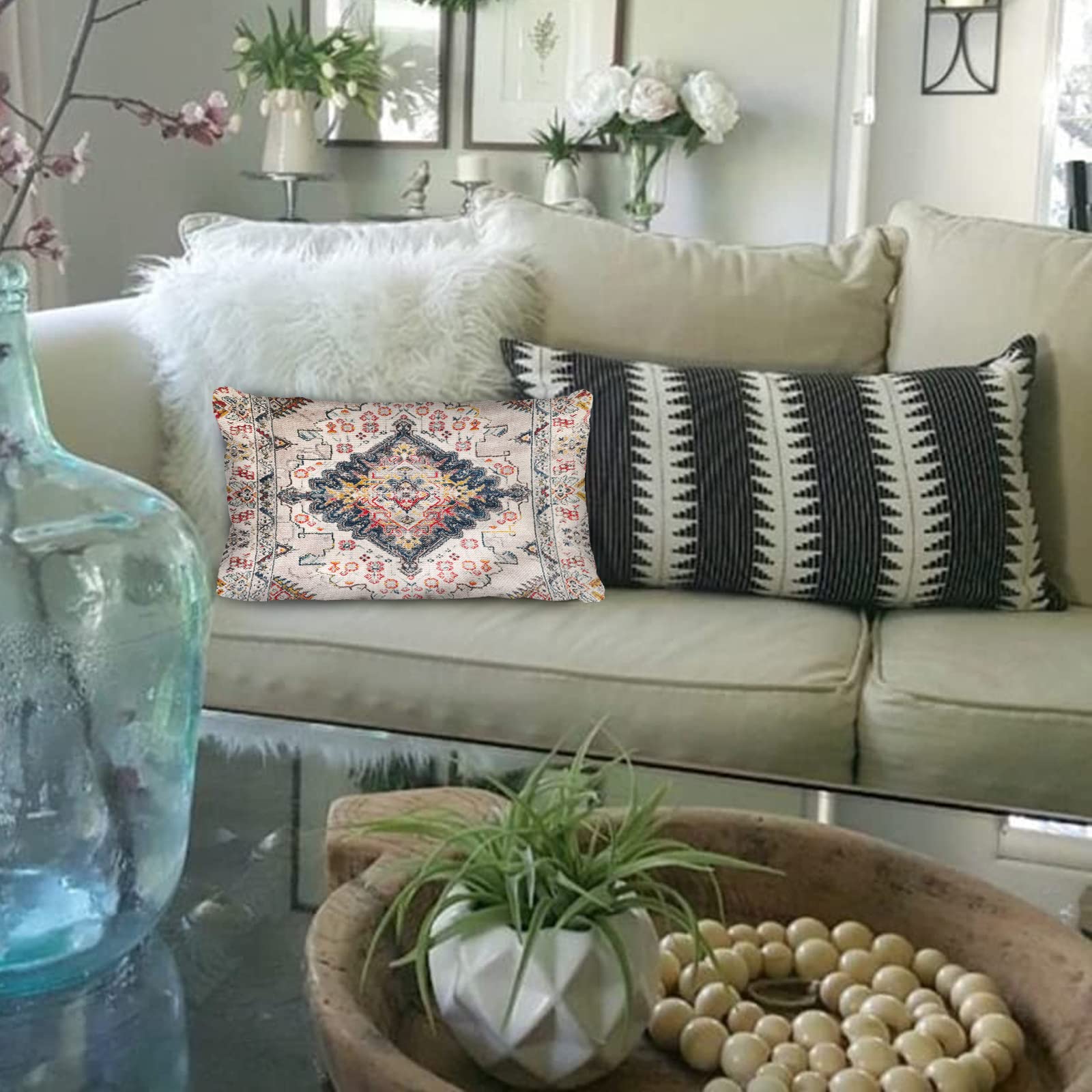 Snycler 2Pcs Boho Style Throw Pillow Cover Ethnic Design Pattern Linen Persian Carpet Tribal Pattern Throw Pillow Case Cushion Cover Home Office Decorative Square 18x18 inch
