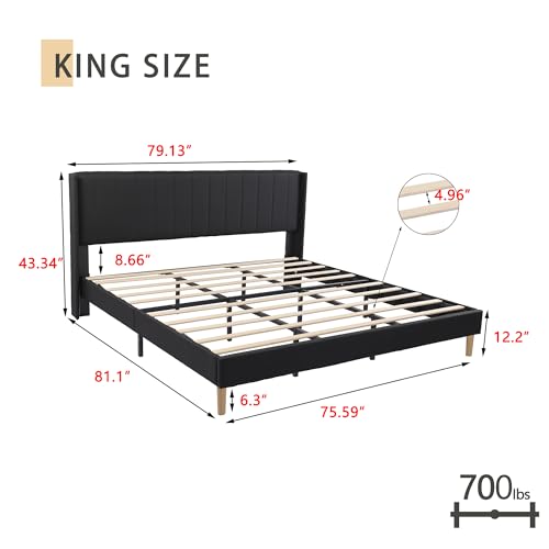 RYR Modern Upholstered Platform Bed Frame King Size with Wingback Headboard,Heavy Duty Metal Mattress Foundation with Wood Slats No Box Spring Needed Easy Assembly, Black Linen