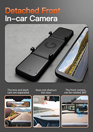 WOLFBOX 3 Channel Mirror Dash Cam 12" Full HD Touch Screen Backup Camera with Detached 1080P Front and Rear View Dual Recording Night Vision GPS Parking Assistance