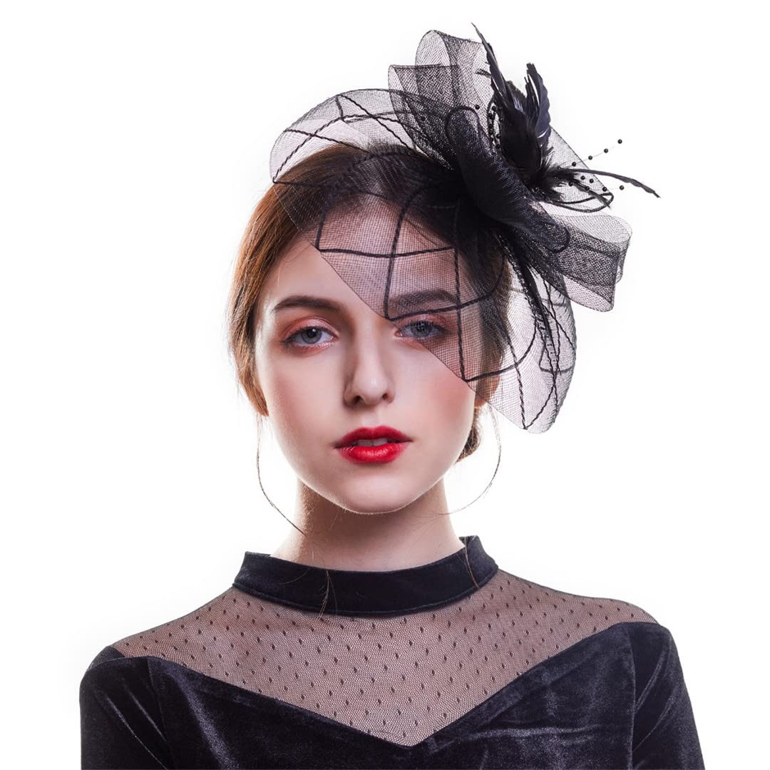 Women Fancy Feather Hats Black Birdcage Veil Wedding Hats and White Net Hair Accessories Black