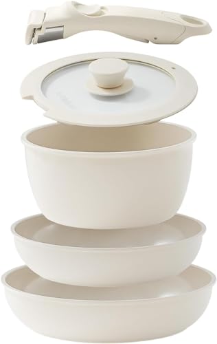 Redchef Ceramic Pots and Pans Set Non Stick, Nonstick Kitchen Cookware Sets, Non Toxic Pots and Pans Set Non Stick, PFAS PFOA & PTFE Free, Detachable Handle Pots and Pans 5 Piece, RV Cookware (Beige)