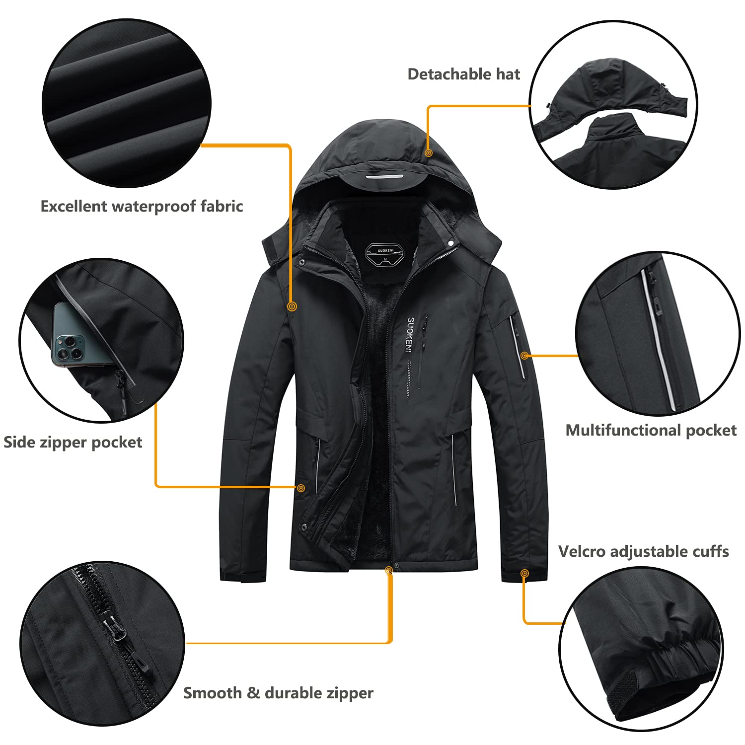 SUOKENI Women's Waterproof Warm Winter Snow Coat Hooded Raincoat Ski Snowboarding Jacket