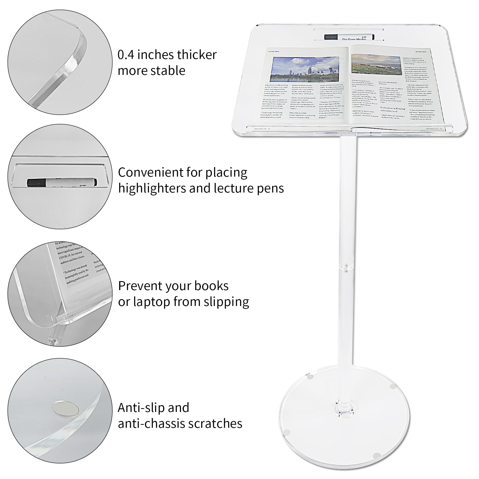 Strong Ultra Clear Acrylic Pulpit Podium Stand, Easy to Assemble Durable Podium Portable Larger Flexible Adjustable Angle Podium Stand with Baffles and Pen Slot for Church Speeches Wedding Teacher