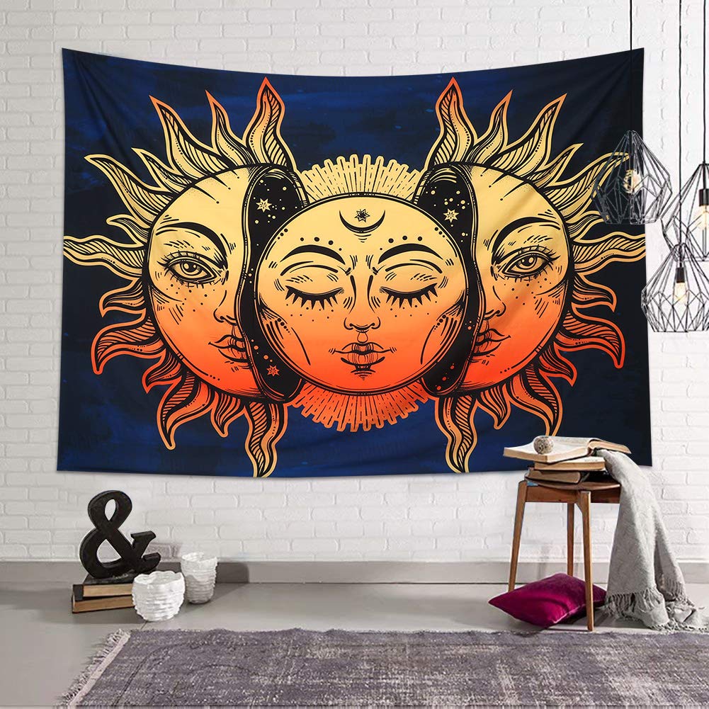 Sevenstars Sun and Moon Tapestry Burning Sun with Star Tapestry Psychedelic Tapestry Black and White Mystic Tapestry Wall Hanging