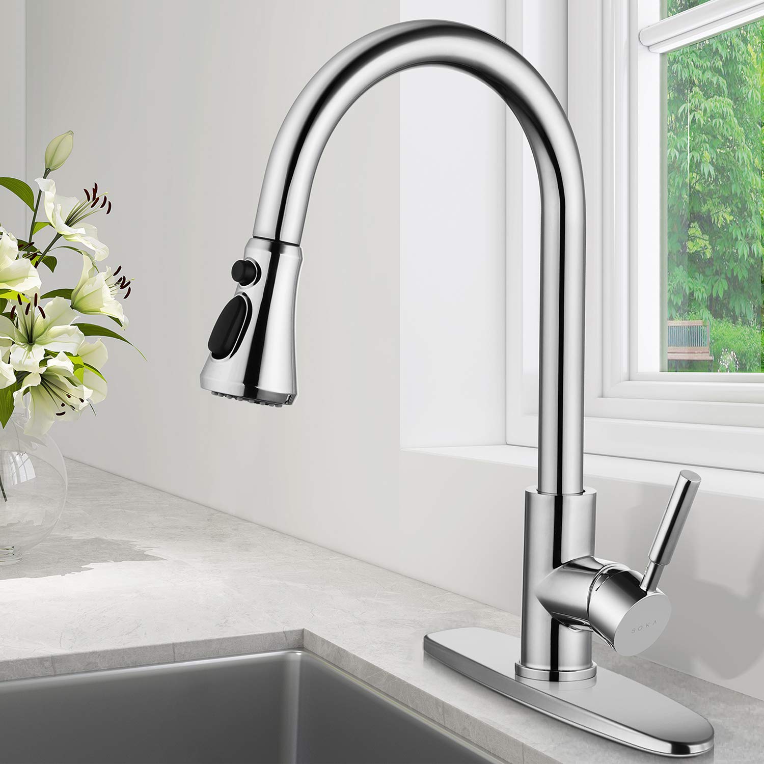 SOKA Single Handle Kitchen Faucet Stainless Steel High Arc Modern Style Aquablade Sweep, Stream & Spray Fit for One & 3 Hole