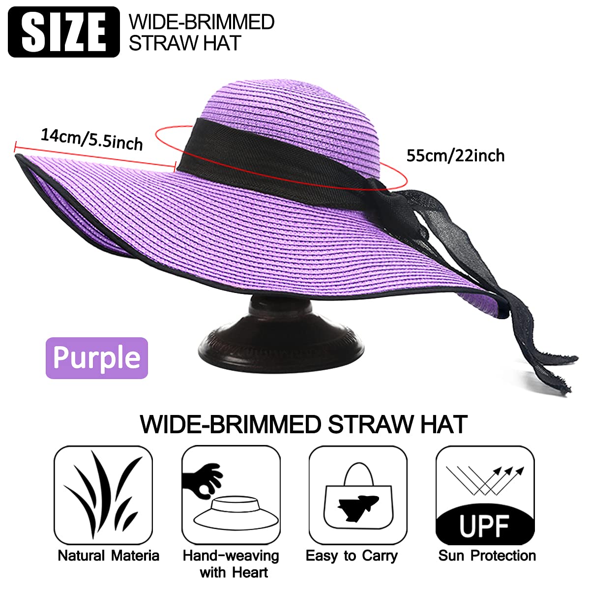 Womens Sun Straw Hat Wide Brim UPF 50 Summer Hat Foldable Sun Hats Foldable Roll up Floppy Beach Hats for Women (Purple)