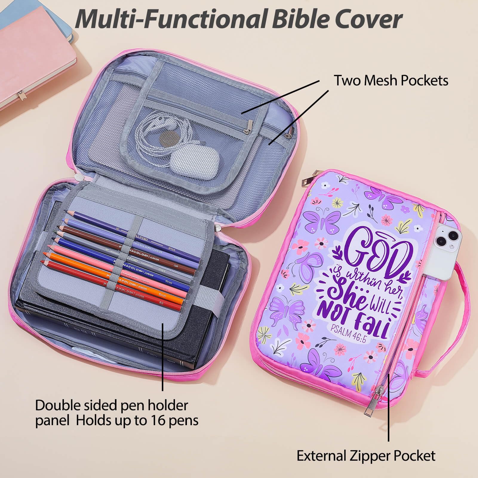 Pink Dino Bible Covers for Women Girls, Large Bible Case with Multiple Zippered Pocket Bible Carrying Bag with Removable Pen Slots for Bible Study,Purple