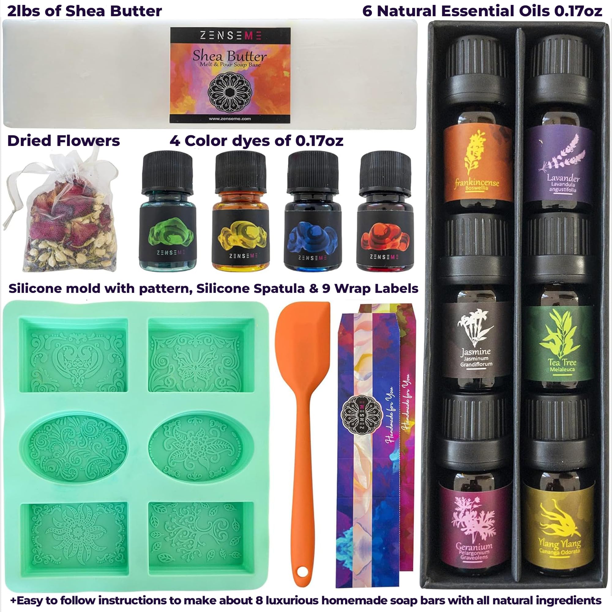 Soap Making Kit for Adults, Make Your Own Soap with Melt and Pour diy Natural Soap supplies; 6 Essential Oils, Silicone Soap Mold, Spoon, Dried Flowers, 2lbs. Shea Butter Soap Base, 4 Colors, 9 Labels