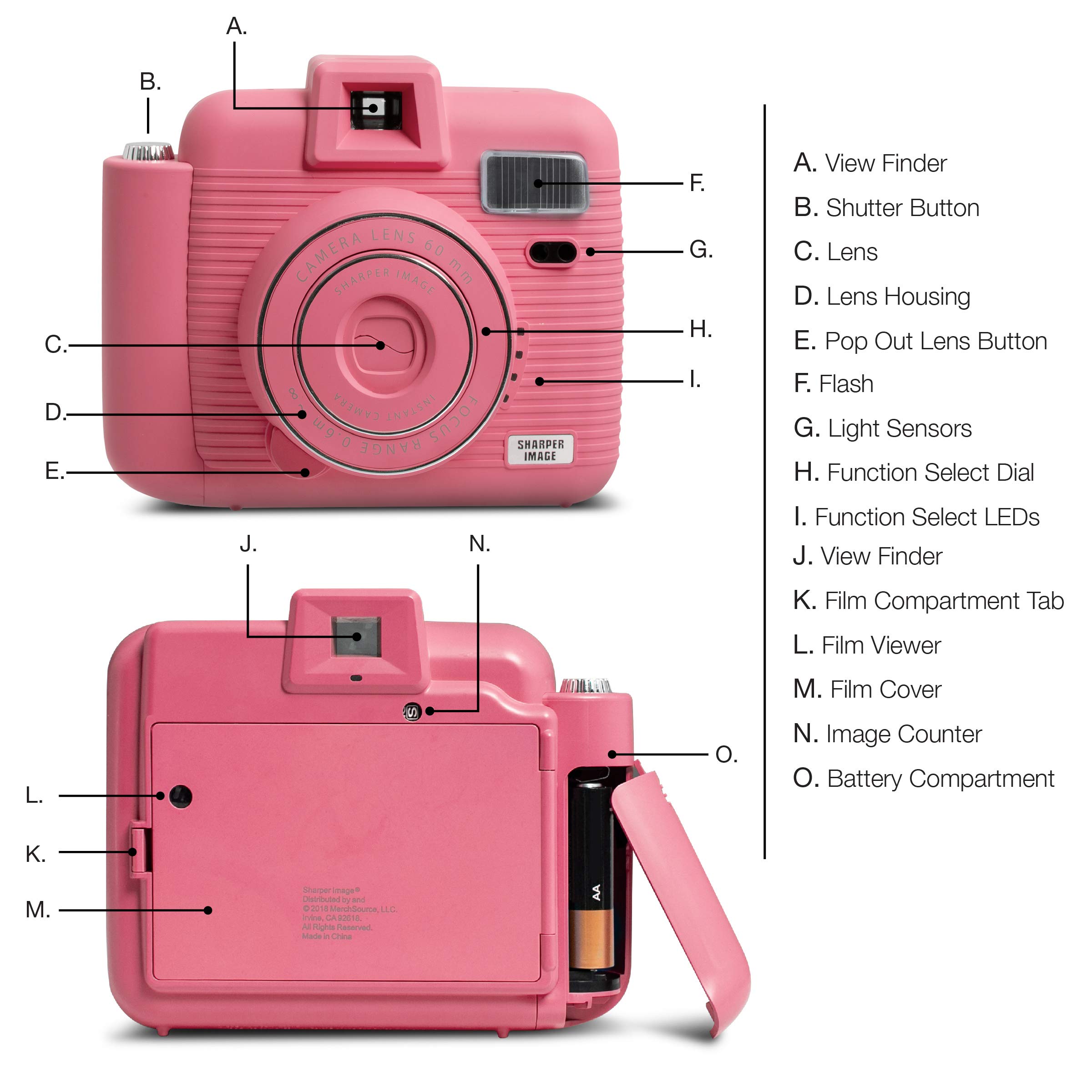 SHARPER IMAGE Instant Camera with Flash and 5 Lighting Modes, Compatible with Instant Mini Film, Prints Photos in Seconds, Capture Memories Indoors or Outdoors! β Pink