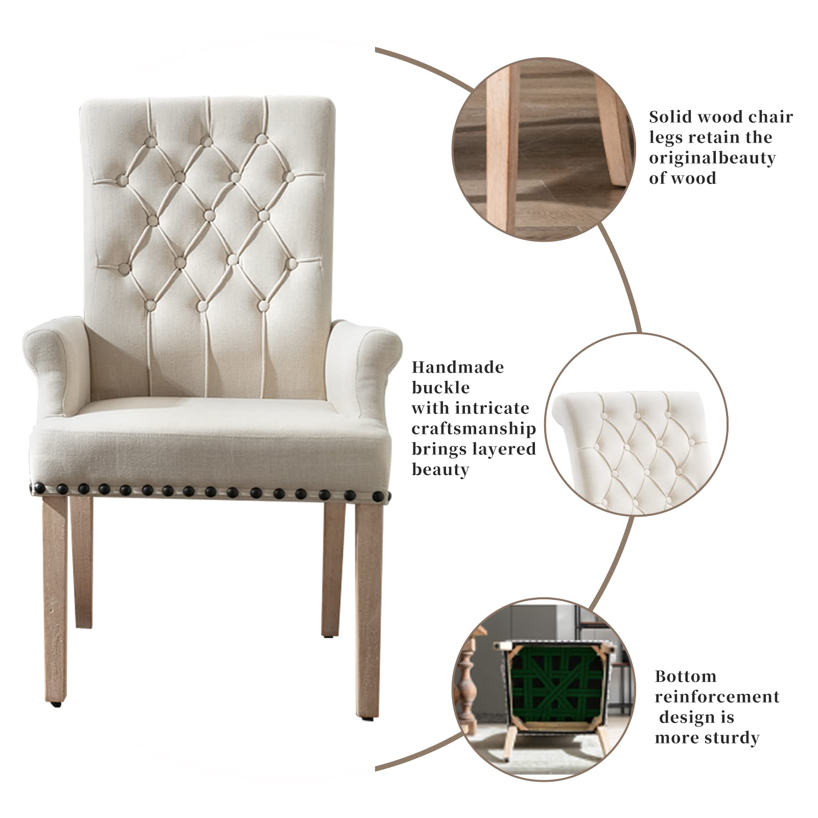 Restworld Dining Room Chairs with Arms,Tufted Upholstered High Back Nailed Trim with Untique Oak Wood Legs for Kitchen Restaurant Room Bedroom (Beige)