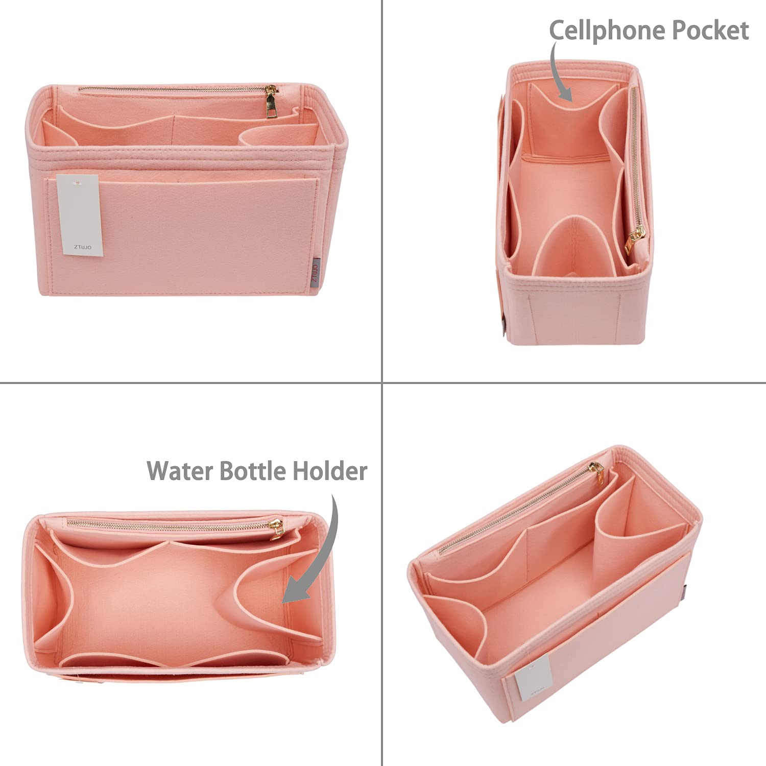 ZTUJO Purse Organizer Insert With Bottle Holder, Felt Bag Organizer Perfect for Speedy, Neverfull, Tote and More (Slender Medium, Brush Pink)