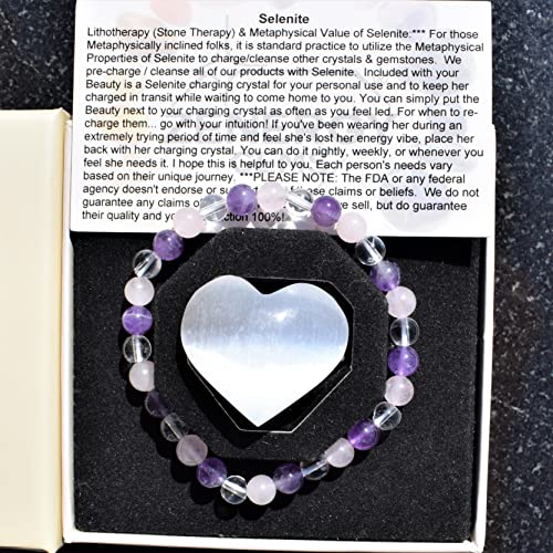 Zenergy Gems Charged Natural Amethyst + Clear Quartz + Rose Quartz 6mm Bead Bracelet + Selenite Charging Heart [Included]