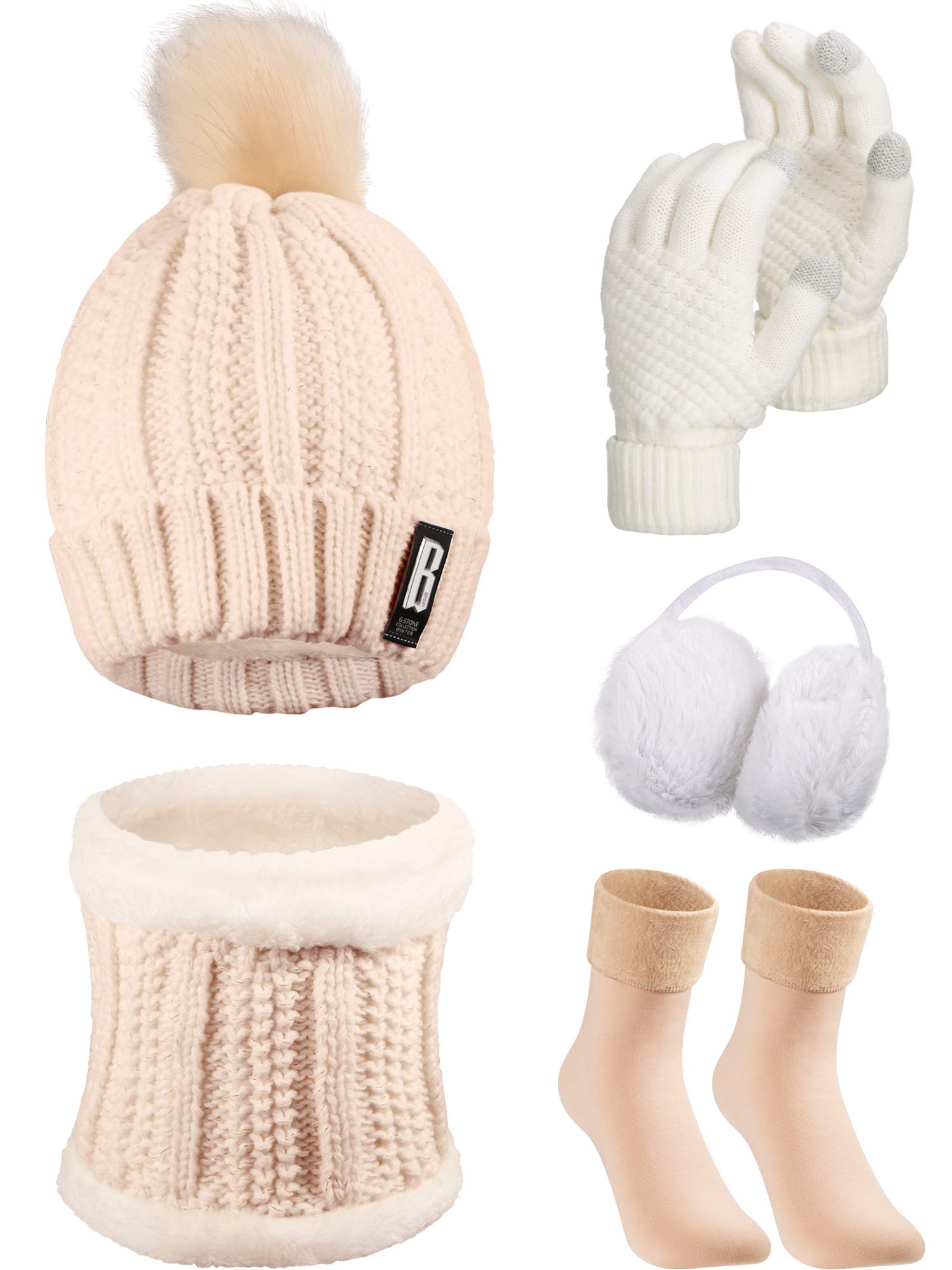 SATINIOR 5 Pcs Winter Hat Scarf Gloves Set Knit Beanie Pompom Hat Warm Touch Screen Gloves Earmuff Warmer Stocking for Women (Black)