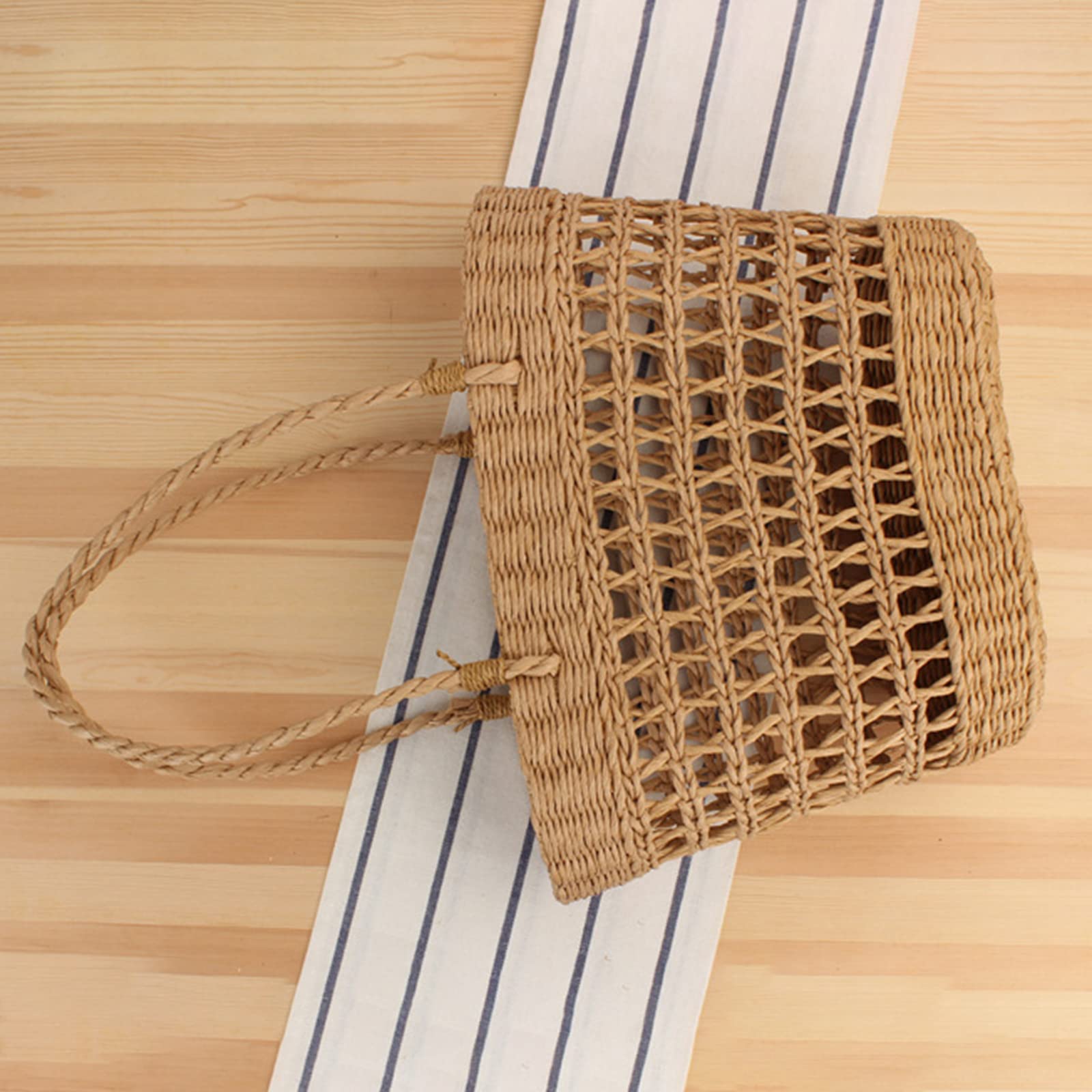 Women Beach Tote Bag, Plain Woven Hollow-Out Straw Beach Crochet Tote Bag Purse Straw Handbag (Camel, One Size)