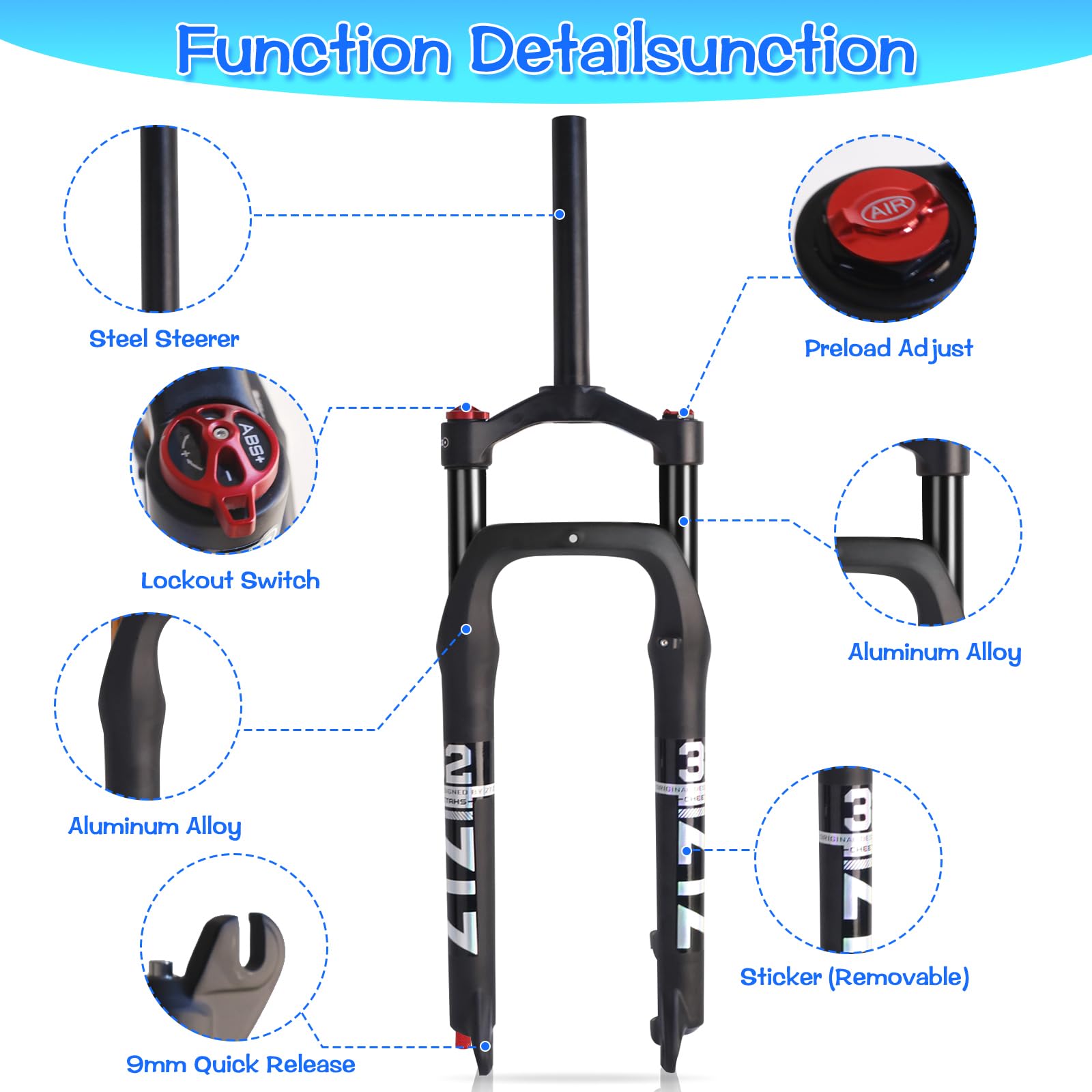 ZTZ 26 * 4.0 inch Fat Tire MTB Air Suspension Fork - Ultralight Rebound Adjustment Front Fork,120mm Travel, 135mm Spacing Hub,9mm QR,Crown Lockout, Ideal for Snow Beach XC Mountain Bikes