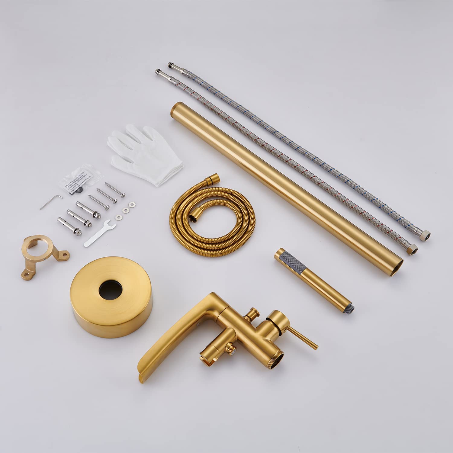 Qinkell Freestanding Tub Faucet Waterfall Bathtub Filler Brushed Gold Floor Mount Brass Bathroom Faucets with Hand Shower