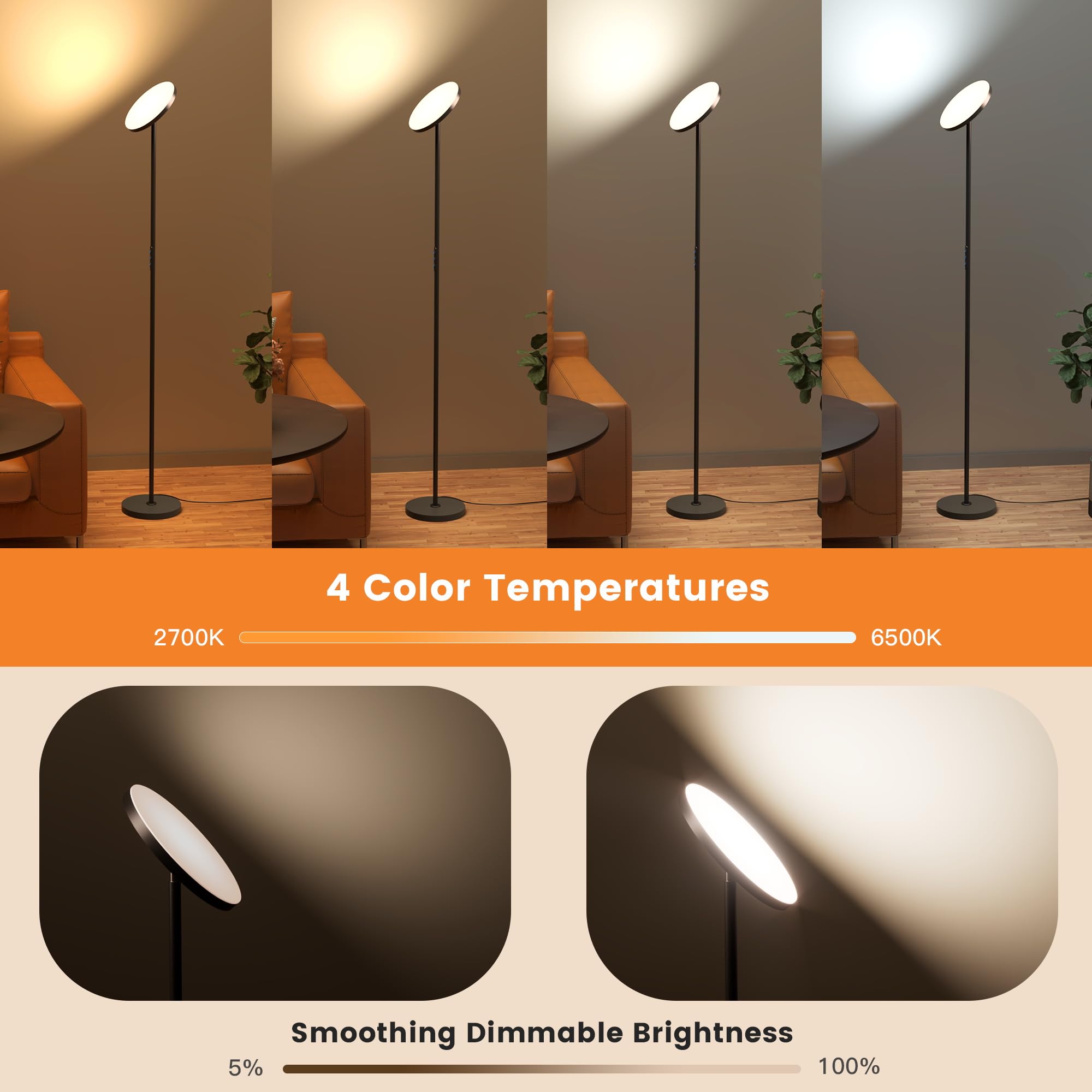 WOWLUMEN Floor Lamp,Bright 36W 3500LM Standing Lamp with Remote, 2700K Soft White to 6500K Cool White Adjustable,Touch Control Dimmable Torchiere Tall Lamp for Living Room,Bedroom,Office,Sofa(Black)
