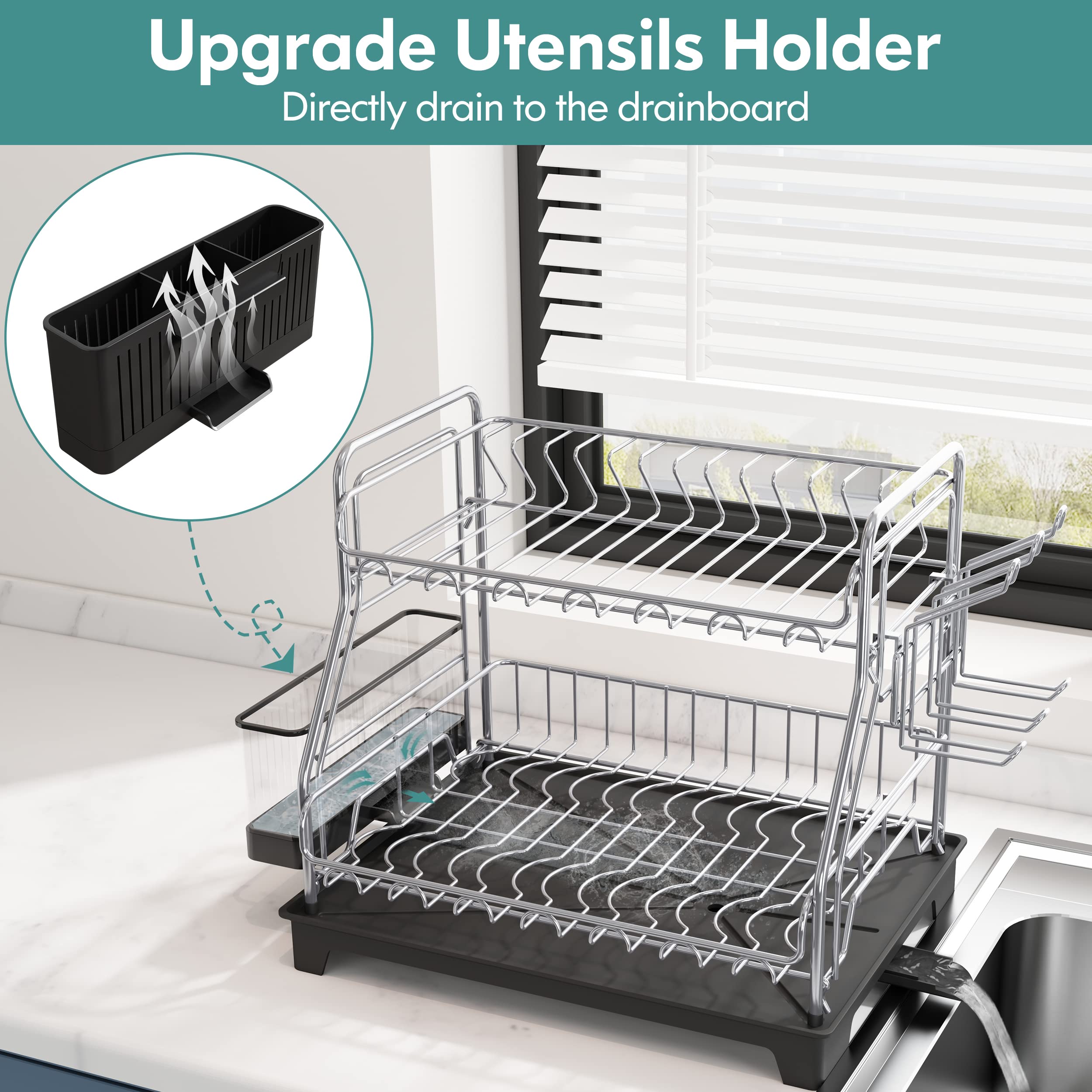 romision Large Dish Drying Rack for Kitchen Counter, Stainless Steel 2 Tier Dish Racks and Drainboard Set with Utensil Holder, Dish Drainer, Grey