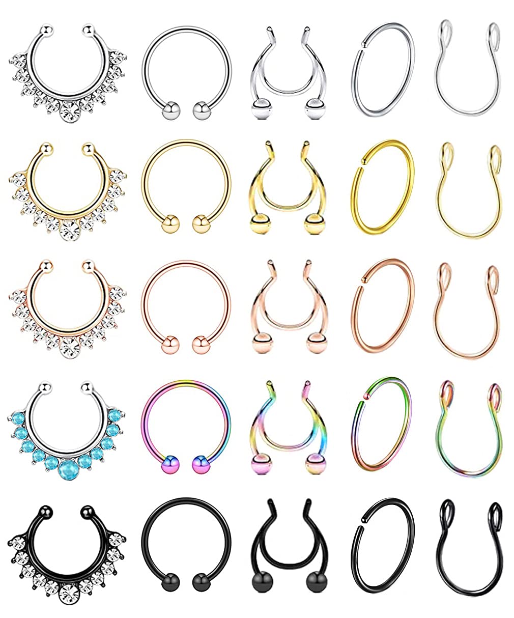 YOVORO 25Pcs Stainless Steel Fake Nose Ring Hoop for Men Women Faux Lip Ear Septum Ring Non-Pierced Body Jewelry XK