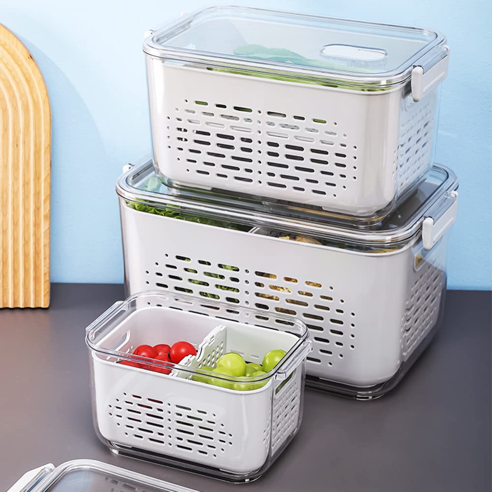 Qiveno Large Fruit Containers for Fridge - Leakproof Food Storage Containers with Removable Colander - Fridge Storage Container - Used in Storing Fruits Vegetables Meat Fresh Fish(Gray)