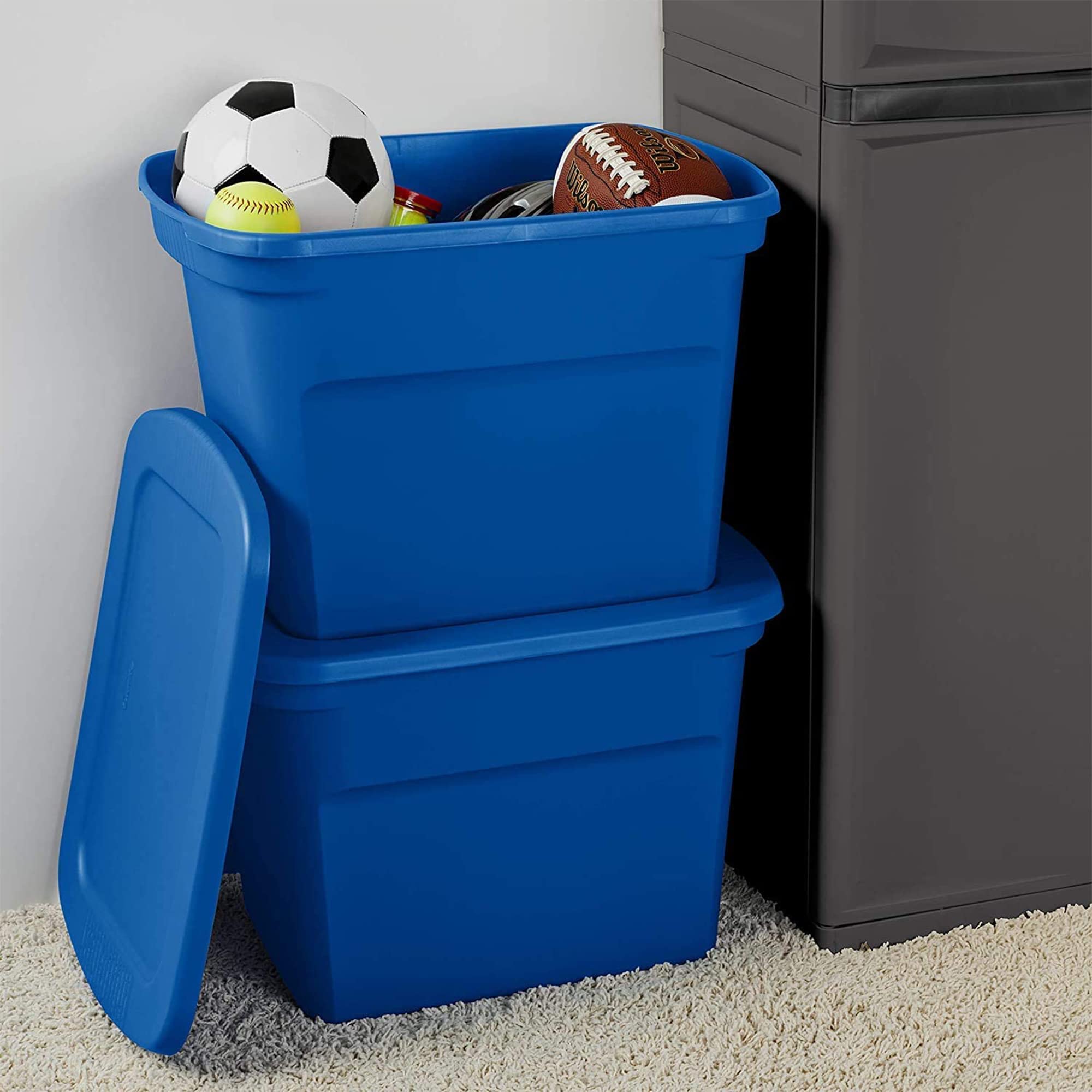 Sterilite 18 Gallon Heavy Duty Plastic Stackable Storage Container Tote with Snap Lid for Home and Office Organization, Blue Morpho, 16 Pack