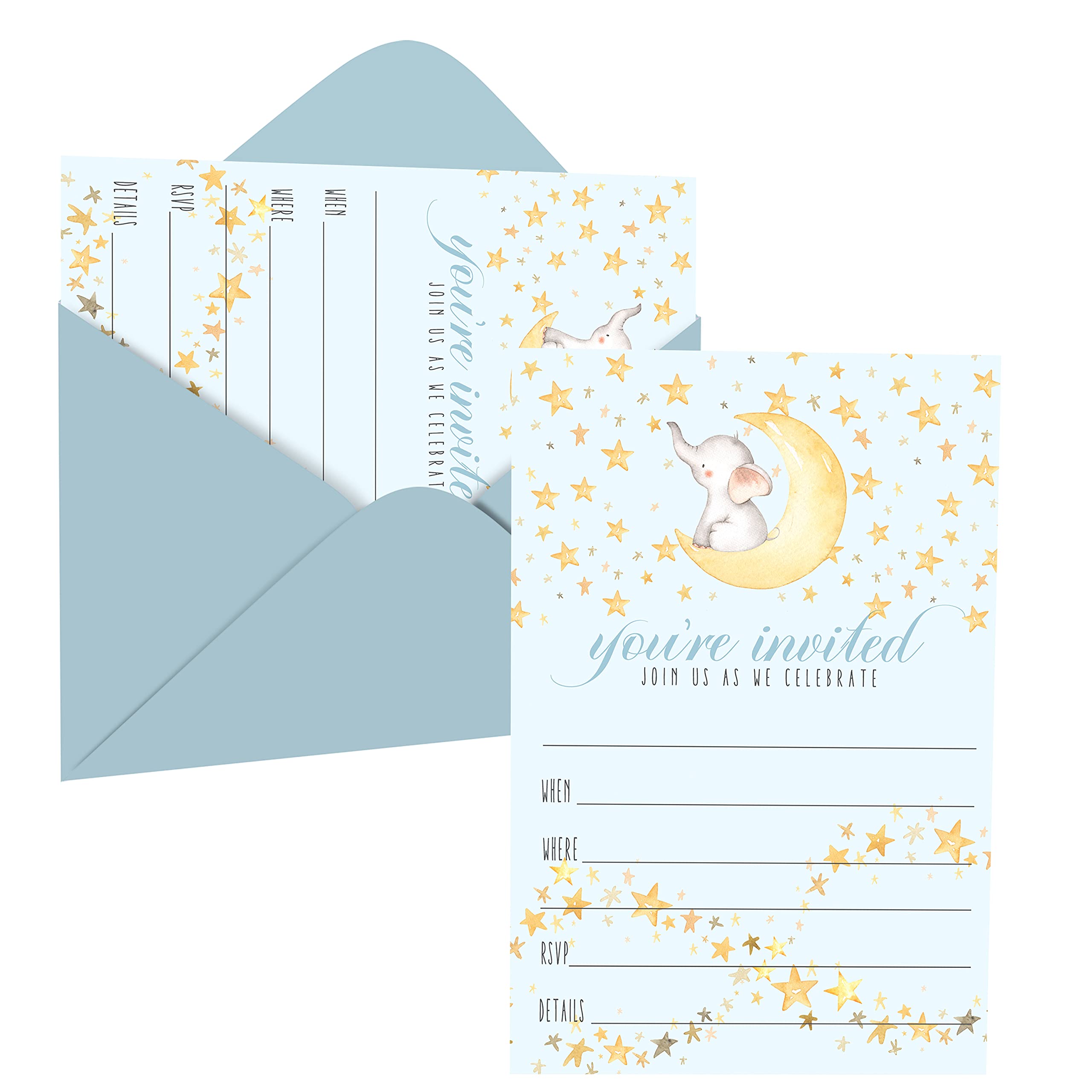 Star and Elephant Invitations with Envelope Pack of 15 – Blank Invites for Boys Baby Shower, Reveal, Sprinkle – Twinkle Starry Moon Event Designs Blue – Printed 4x6 Size Card Set - Paper Clever Party