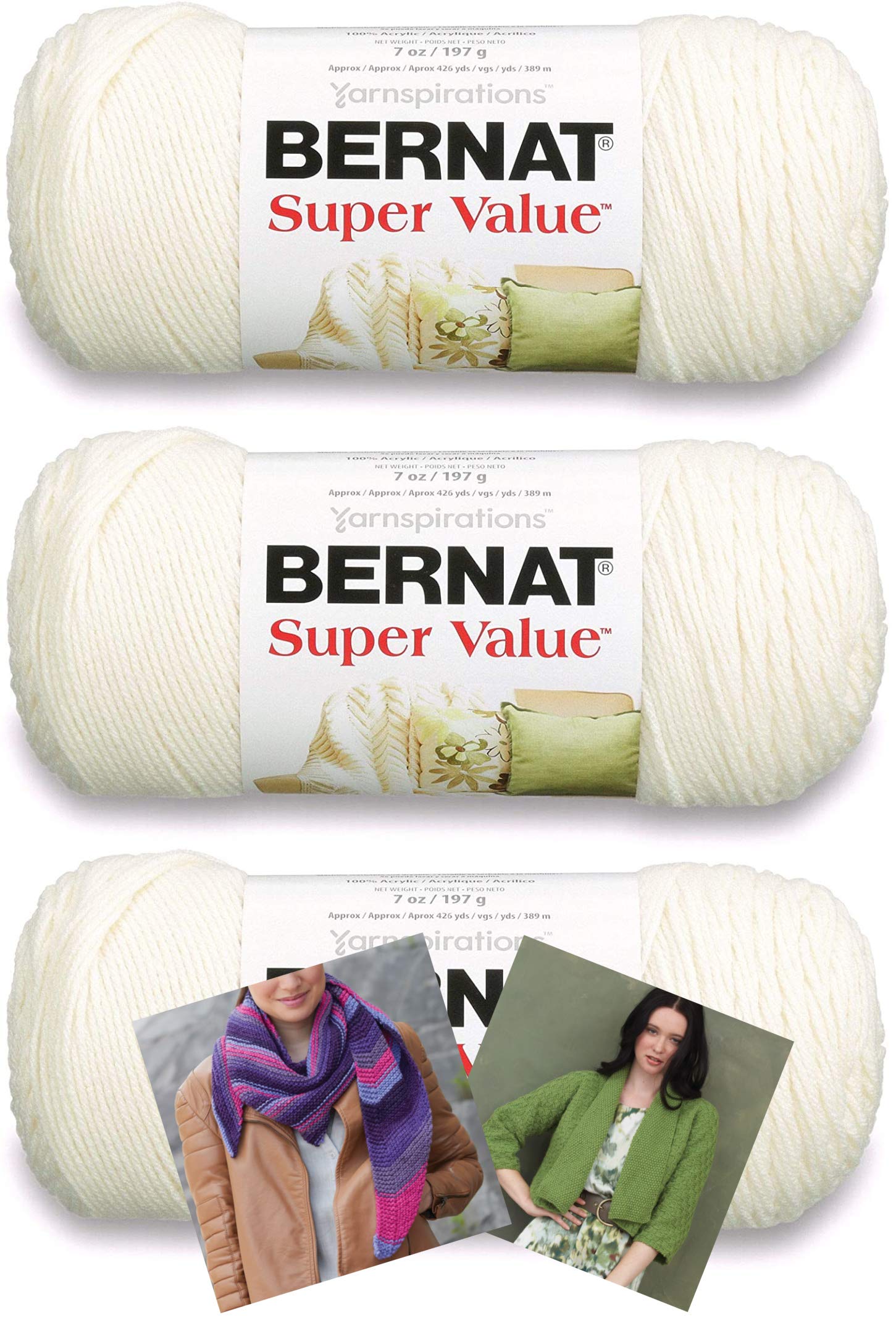 Super Value Yarn, 3-Pack, Natural with 2 Patterns