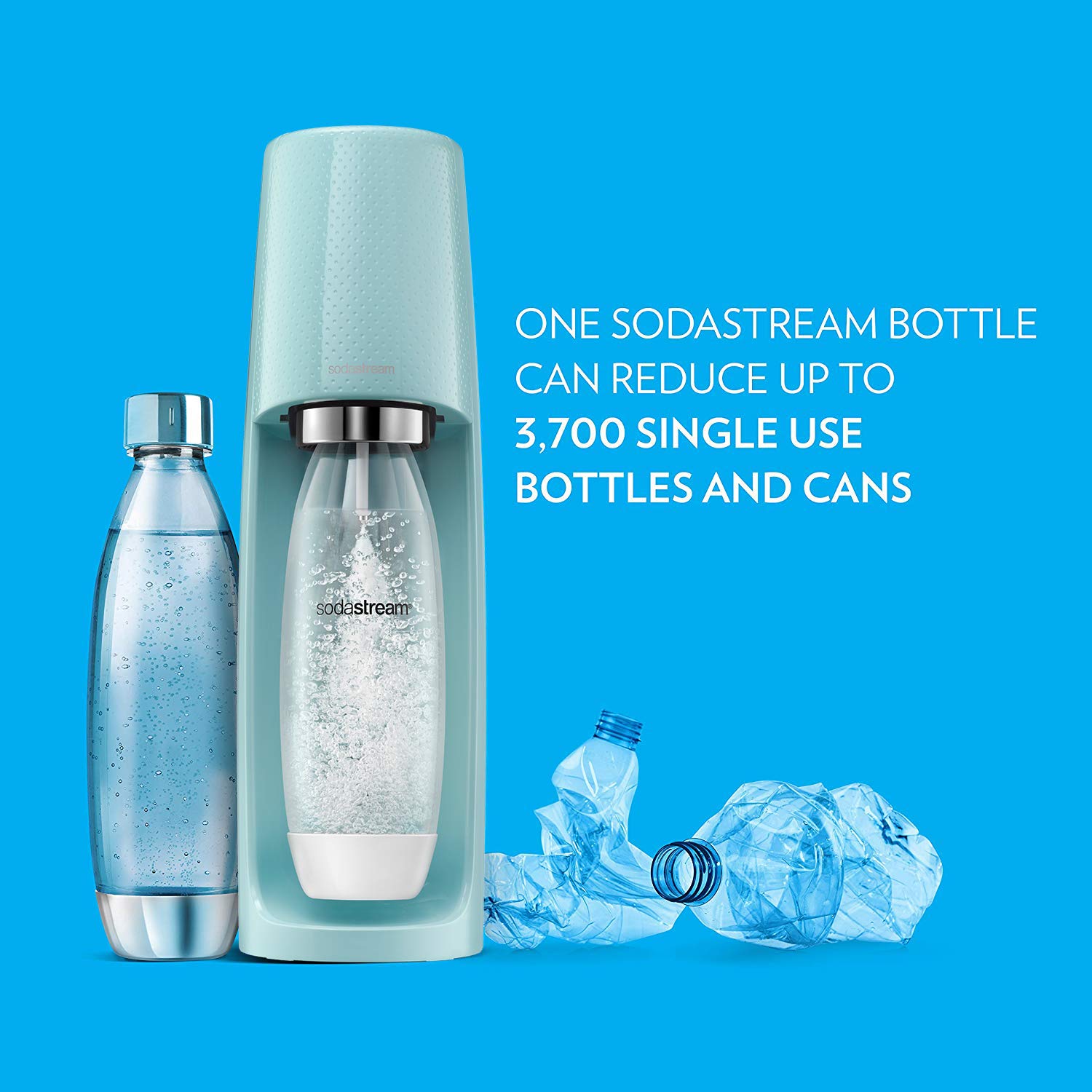 SodaStream Fizzi Sparkling Water Maker Bundle (Icy Blue), with CO2, BPA free Bottles, and 0 Calorie Fruit Drops Flavors