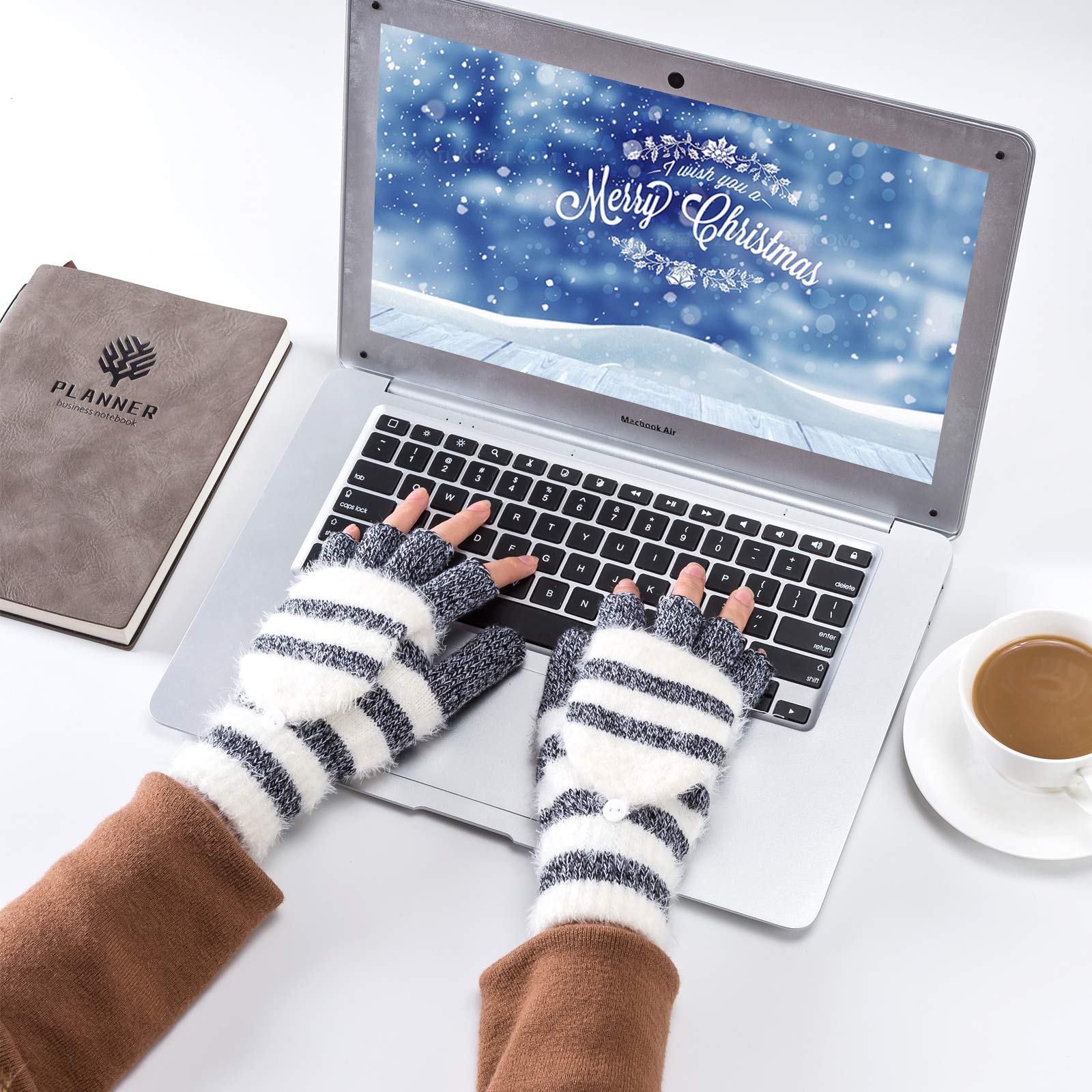 REACH STAR Winter Knitted Convertible Fingerless Gloves Warm Mitten Glove for Women Half Finger Flip Top Thermal Texting(Black)