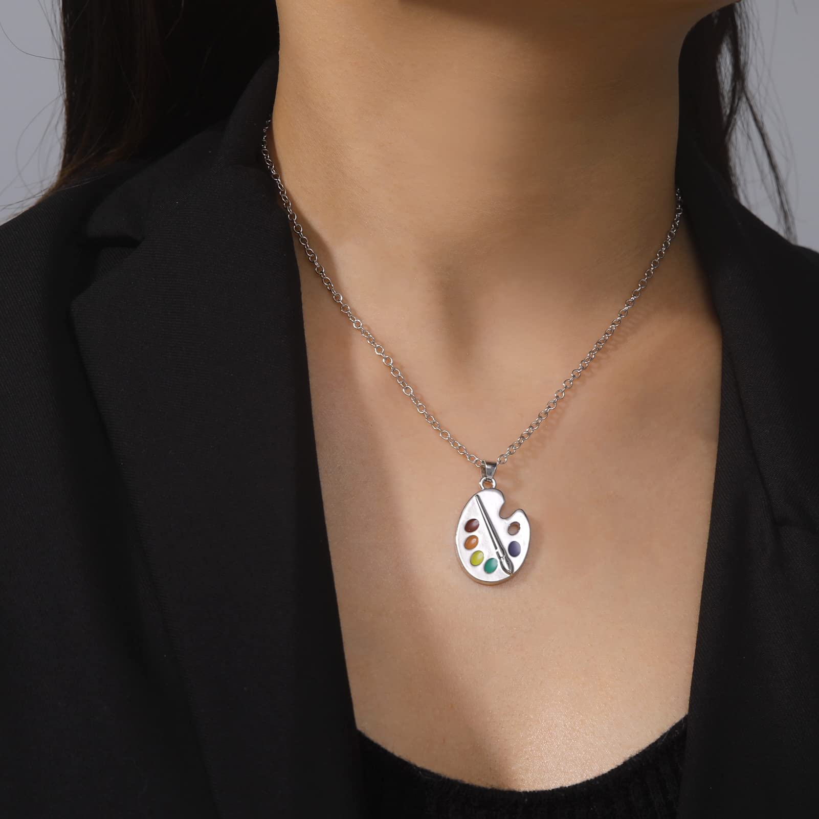 TEAMER Trendy Enamel Artist Paint Palette and Brush with Thin Pendant Necklace Jewelry for Women