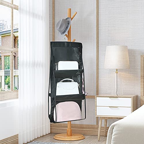 SNOMEL 2 Pack Hanging Purse Handbag Storage Organizer, 6 Pockets Thick & Soft Fabric Handbag Holder for Closet, Foldable Bag Collection Hanger for Wardrobe Shelf (Black & White)