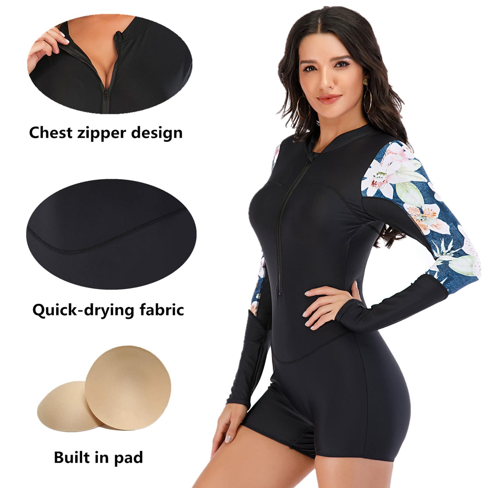 Women's UV Sun Protection Long Sleeve Print Rashguard Black with White 12-14