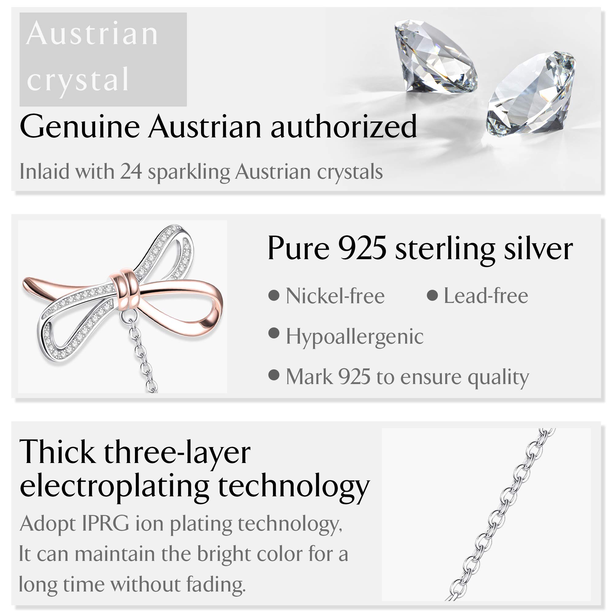 Sllaiss Sterling Silver Bow Necklace Made with Austrian Crystals Pendant Gift for Women Rose Gold 16" with 2" Extender Adjustable