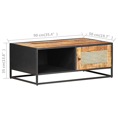 QJBSAVVA Coffee Table 35.4"x19.7"x13.8" Rough Mango Wood and Natural Cane,Entrance Table Tray Tables Center Table Low Table Suitable for Meeting Rooms, Reception Rooms, Offices
