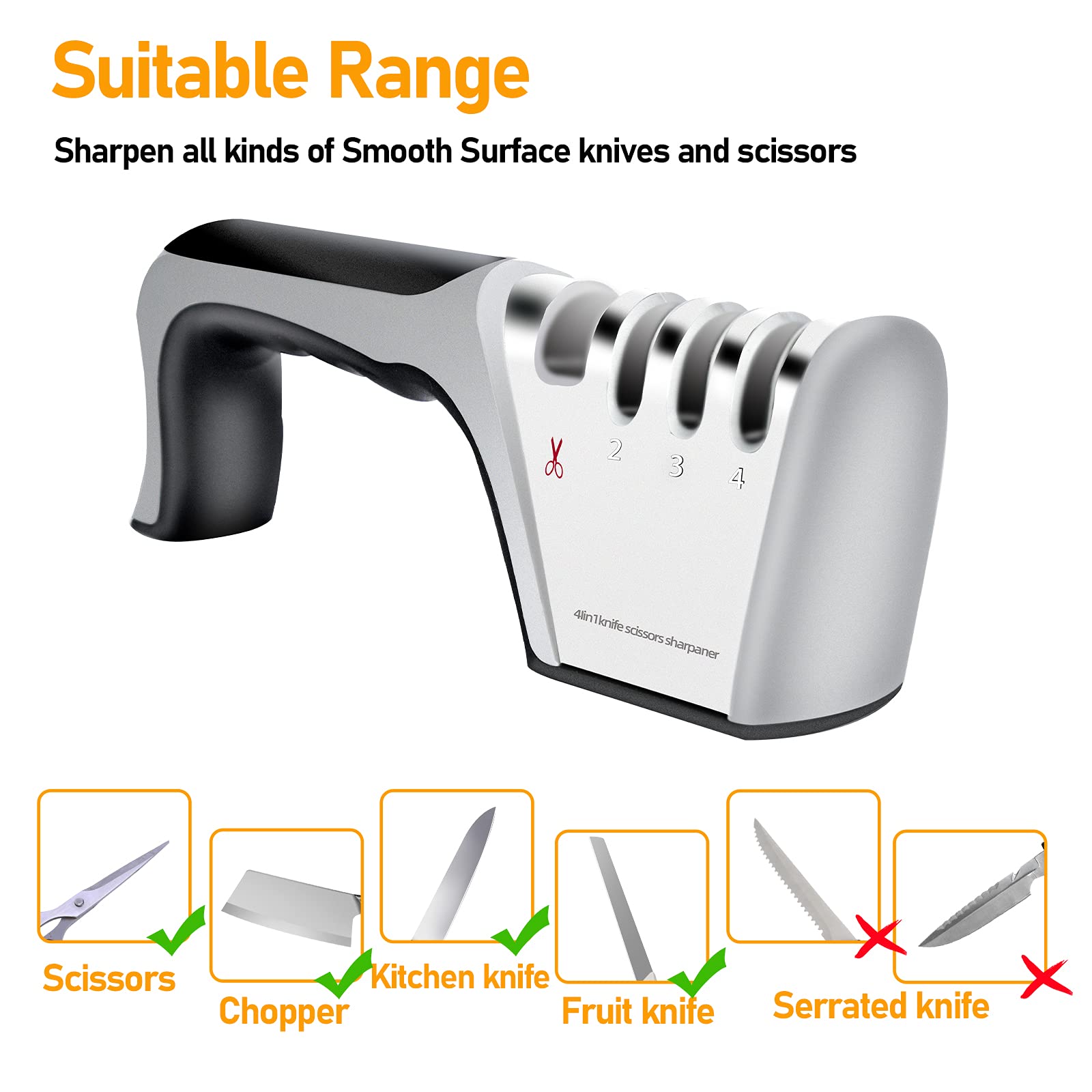 The 4-stage kitchen knife sharpener is easy to use, can sharpen scissors and steel knives quickly, and is as sharp as new after use. (gray)