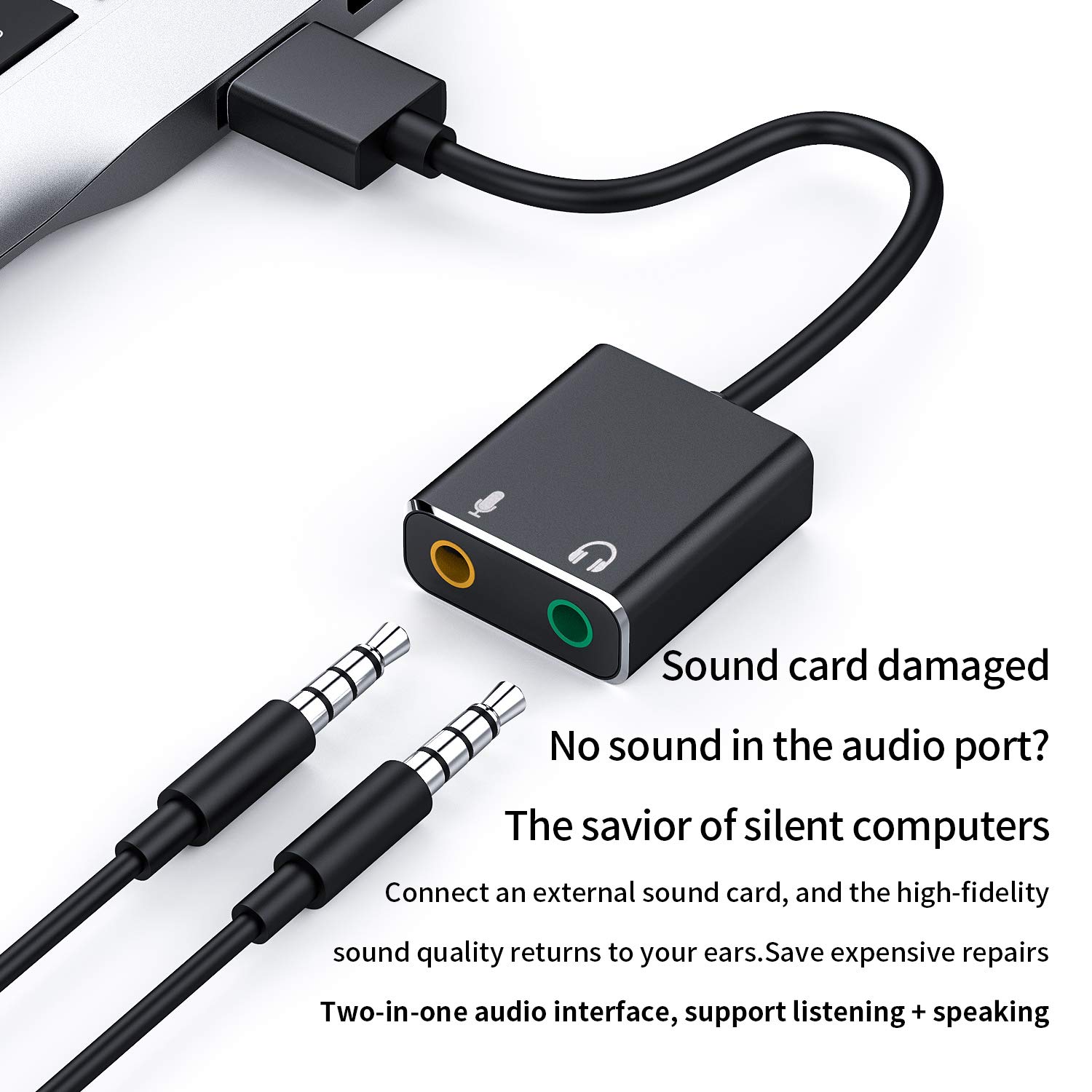 USB Audio Adapter External Stereo Sound Card with 3.5mm Headphone and Microphone Jack, Suitable for Windows, Mac, Linux, PC, Mobile Phone, Laptop, Desktop (with Type-c Adapter)