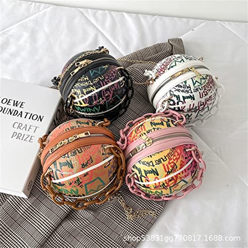 Womens Cross Body Handbag Basketball Shaped Chain Round Messenger Tote Shoulder PU Leather All-match Satchel Small Bag (Graffiti A)
