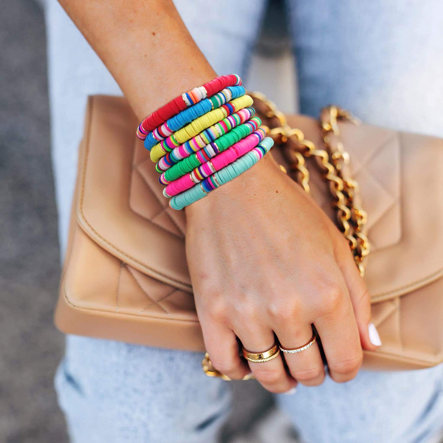 Surfer Necklace Bracelet for Women - Heishi Beaded Necklaces Colorful Stretch Bracelet Stack Jewelry Set for men 10 pcs