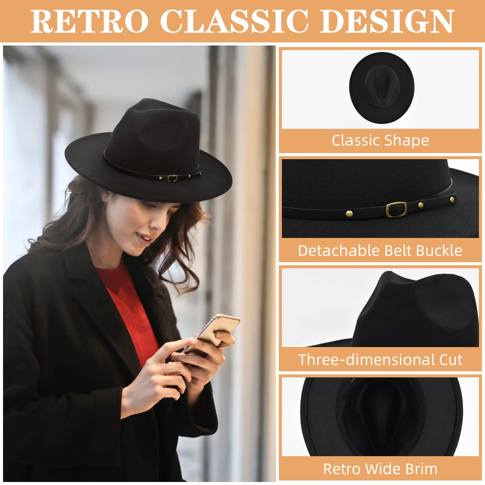 Women Classic Wide Brim Fedora Hat, 4 Pack Retro Panama Hat Wool Fedora Hat with Belt Buckle (Black+Army Green+Camel+Wine Red)