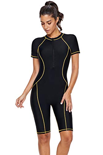 SAILBEE Women's One Piece Short Sleeves Contoured Zip Front Wetsuit Swimsuit (410893 L, Yellow Seam)