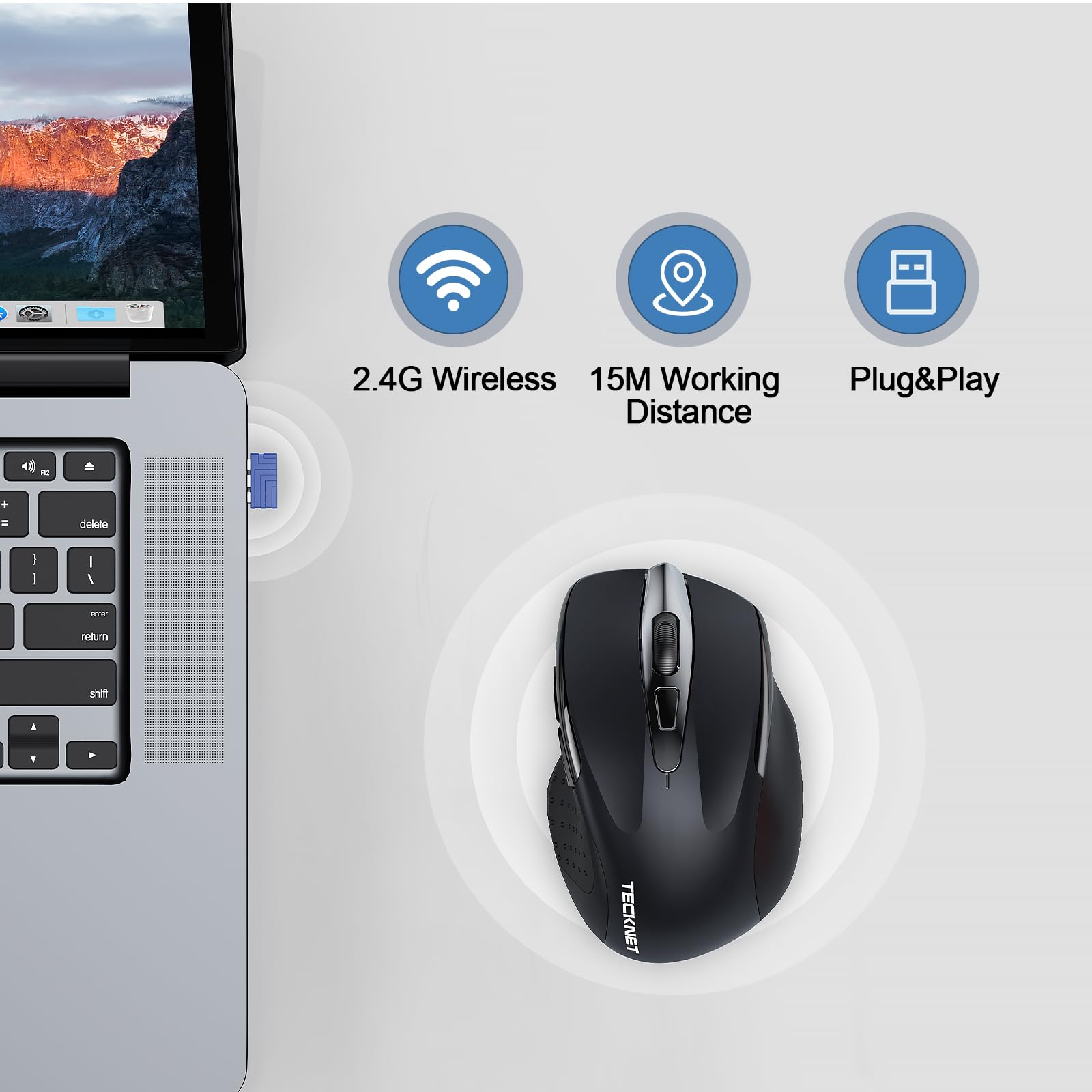 TECKNET Wireless Mouse Rechargeable, 2.4G Silent Mouse, Quiet Click, 6 Adjustable 4800 DPI, Cordless Computer Mouse, Ergonomic Mouse for Laptop, 6 Buttons USB Mouse for Chromebook, Ergo Grip - Black