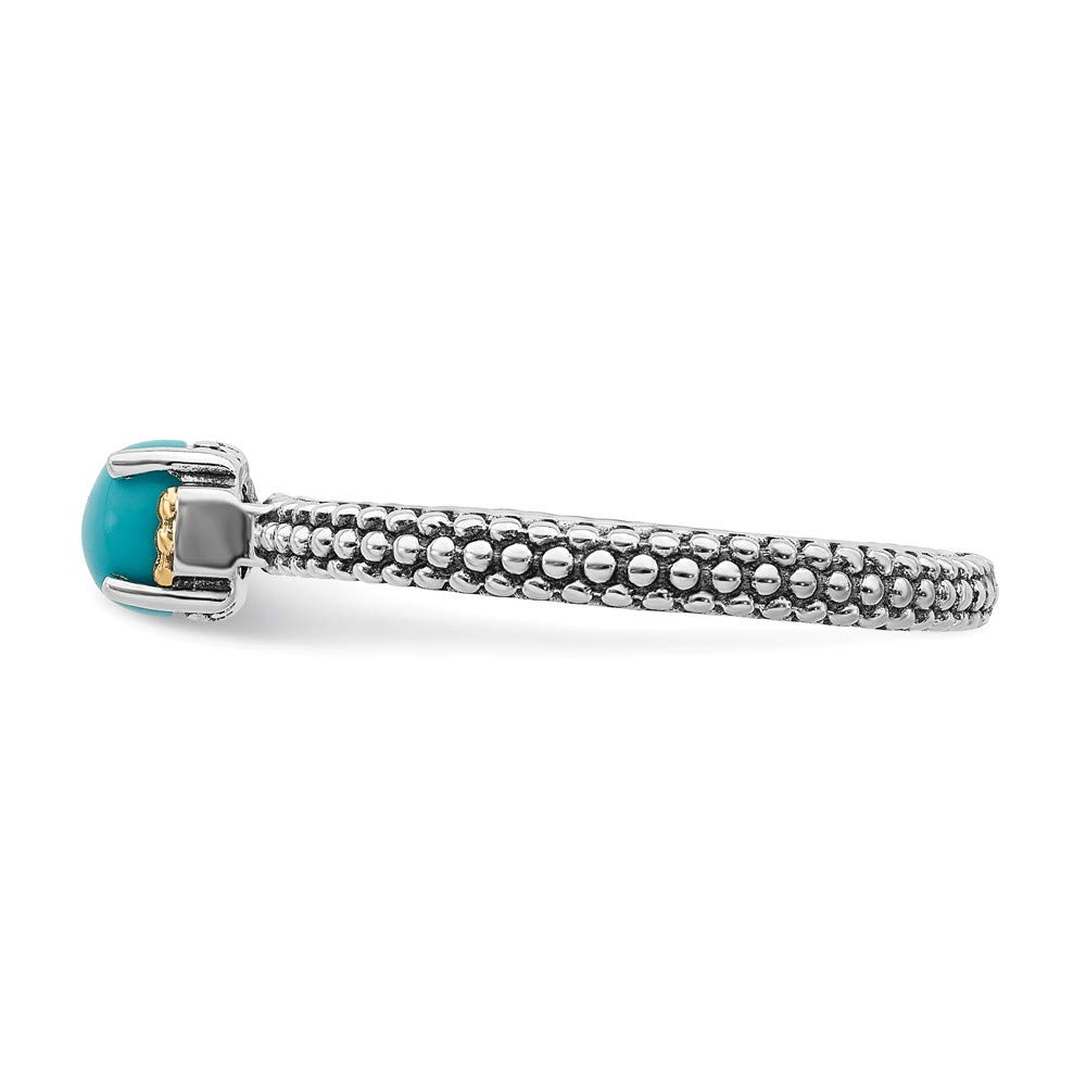 Solid 925 Sterling Silver and 14k Yellow Gold Stackable Turquoise Vintage Antiqued Ring Eternity Band Size 7