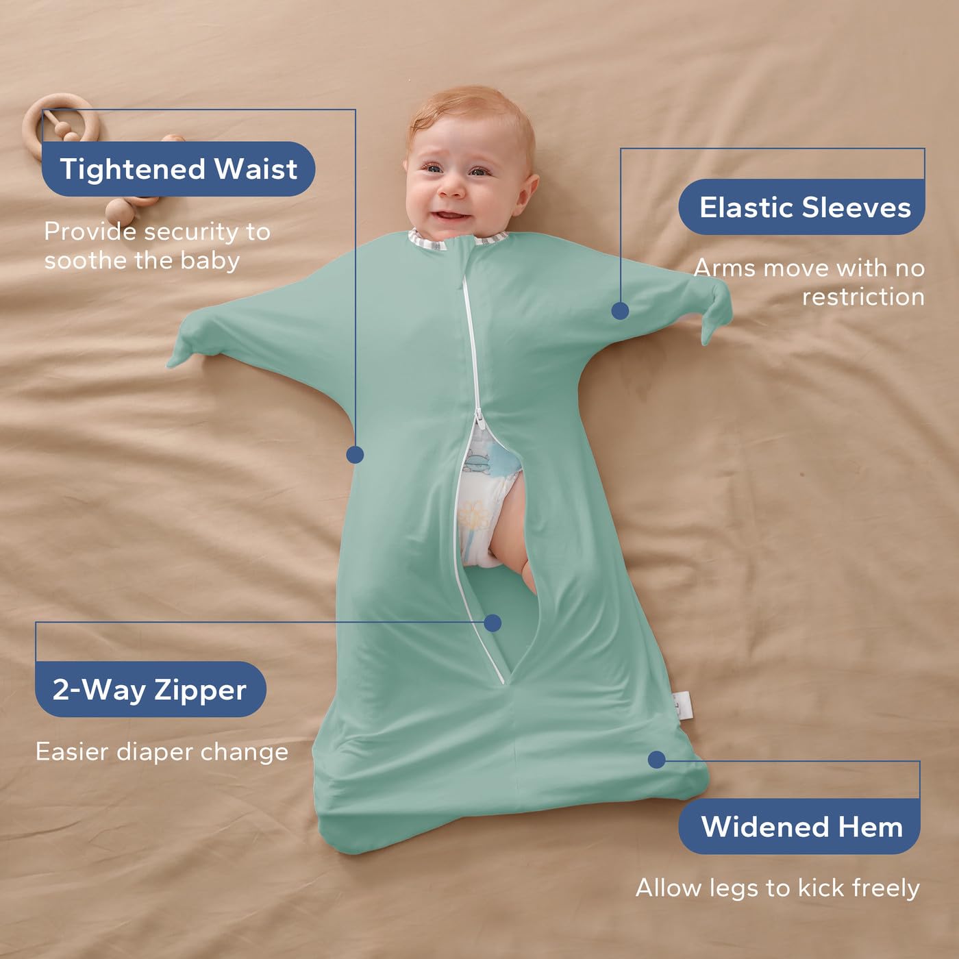 ZIGJOY Shark-Fin Transition Swaddle - 0.5 Tog Rayon Made from Bamboo Sleep Sack Transitional Swaddle Sack Baby Wearable Blanket with 2-Way Zipper, Mint Green, 0-3 Months