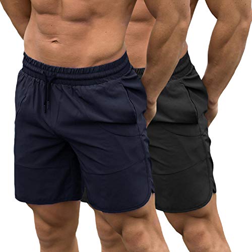 TEZO Mens 7" Gym Workout Shorts Training Bodybuilding Short Pants Zipper Pockets(NYBK L)